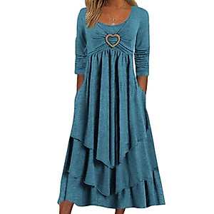 Akivide Women 2024 Fashion Crewneck Dresses Long Sleeve Swing Ruffle Irregular Hem A Line Flowy Pleated Maxi Dress (Blue,3X-Large)