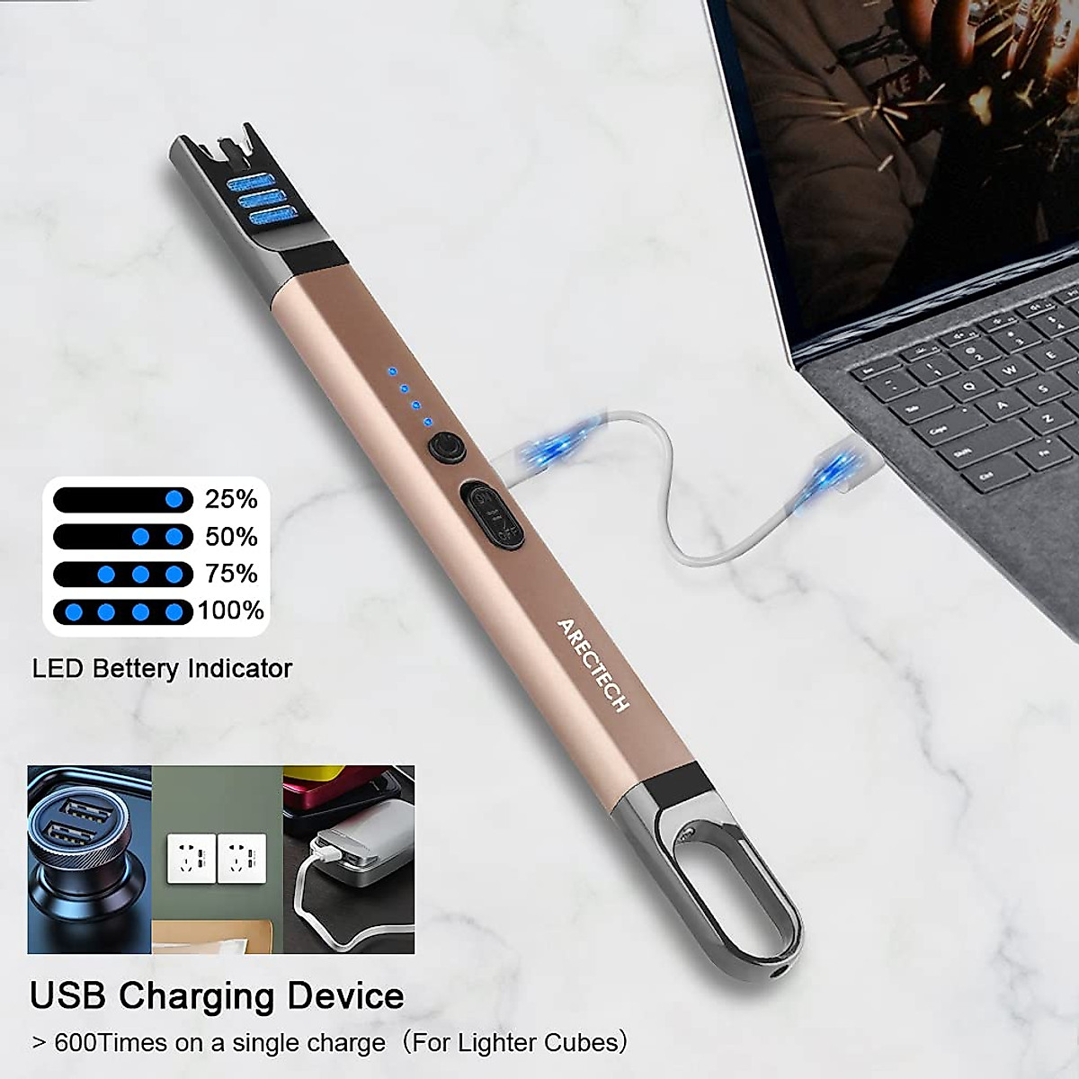 ARECTECH Electric Candle Lighter Rechargeable USB Long Gill Lighter for Candle Cooking Camping BBQs Fireworks Champagne Gold
