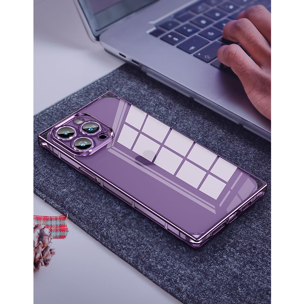 Tzomsze for iPhone 14 Pro Max Case Square [2 in 1] Clear &Glitter Cute Heart Pattern,Full Lens Protection & Electroplate Reinforced Corners Shockproof Edge Bumper Case [6.7 inches] -Purple