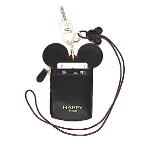 QiMing Mouse Ears Card holder,PU Lovely Lanyard Family Toys for Girl Woman(Black)