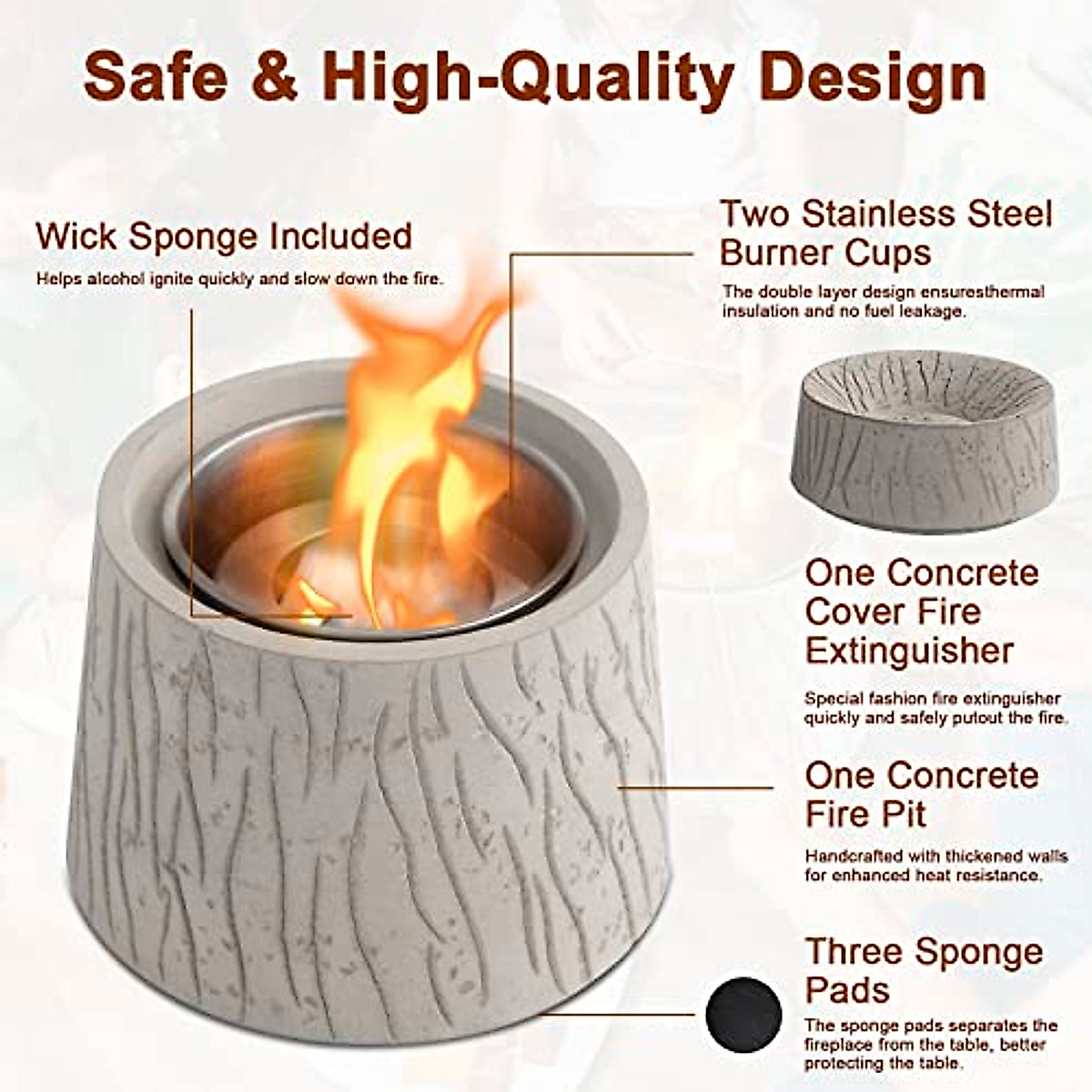 Tabletop Fire Pit - Taschyas Concrete Table Top Firepit Bowl - Personal Small Fire Pits for Indoor Outdoor Garden Patio Mini Fire Pit Tabletop Fireplace