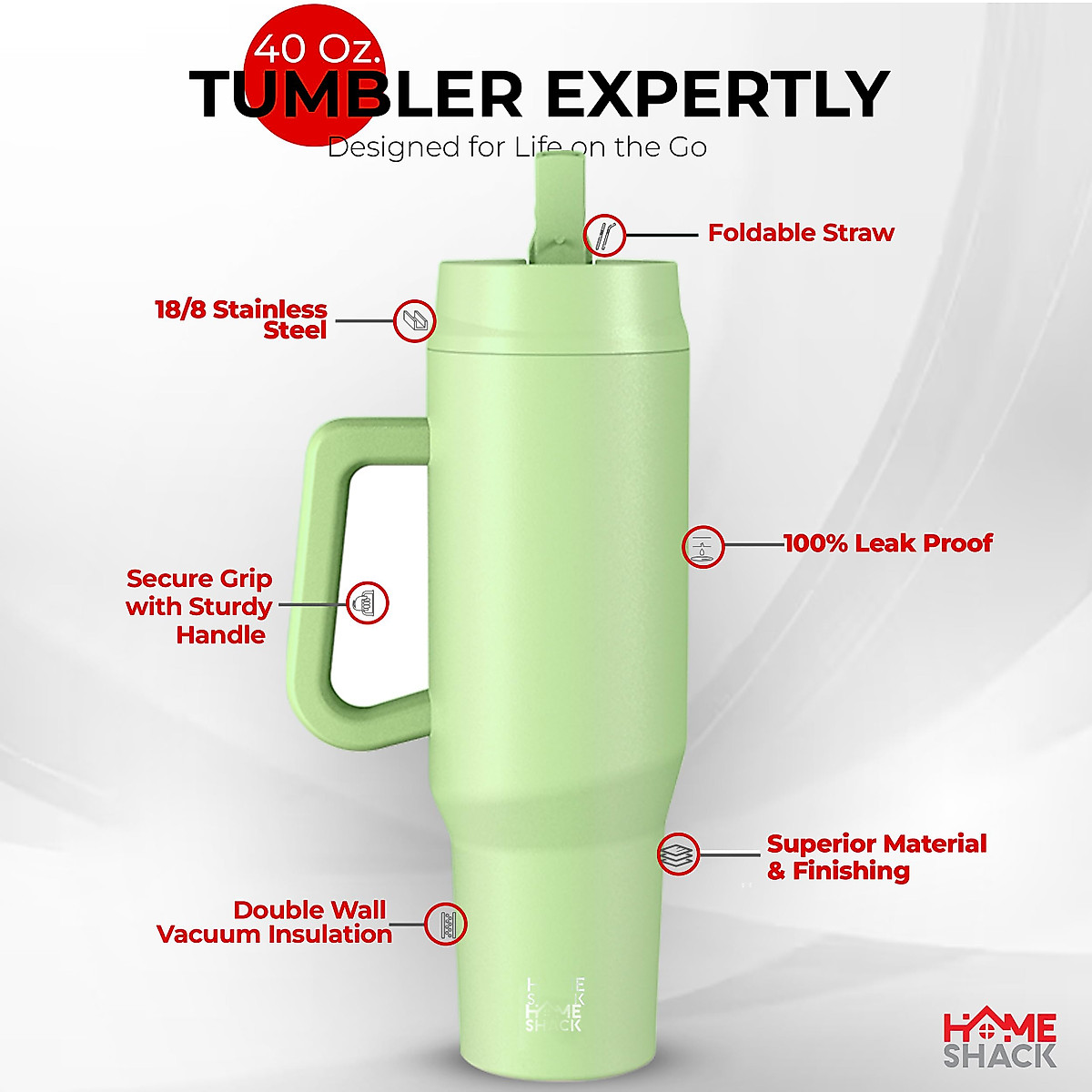 HOMESHACK 40 oz Tumbler with Handle and Foldable Straw Lid - Leakproof Insulated Stainless Steel Water Bottle - Hot & Cold Beverage Travel Mug - Reusable Iced Coffee Cup - Cupholder Friendly - Gift