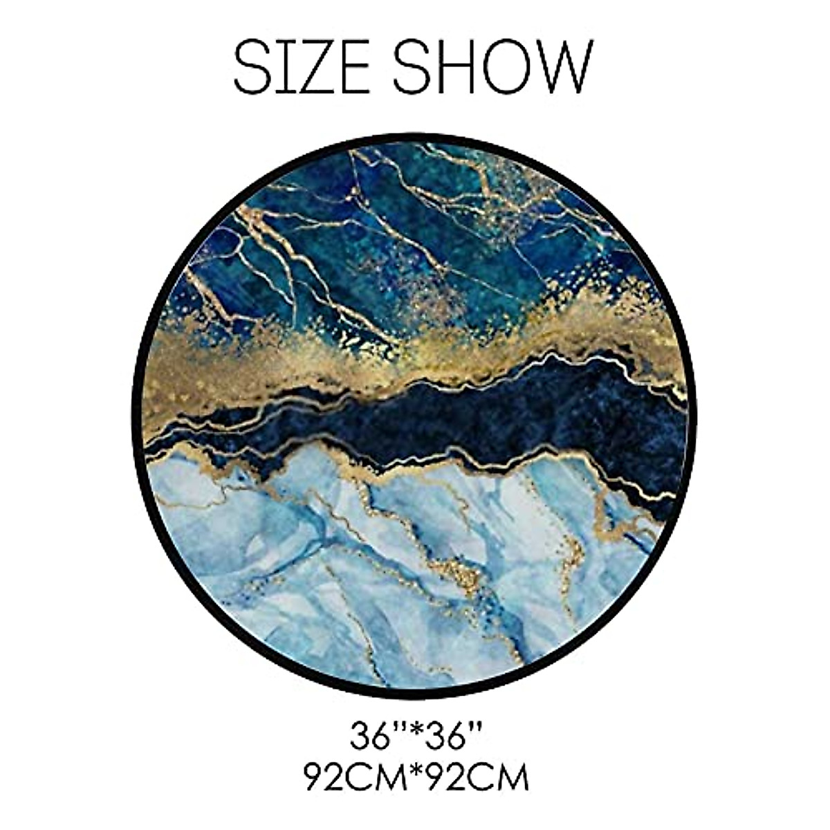 Blue Marble Gold Foil Glitter Illustration Round Area Rug Circle Floor Mat Polyester Carpet Ultra Soft Comfort Nonslip Machine Washable for Indoor Living Room Bedroom Home Decor