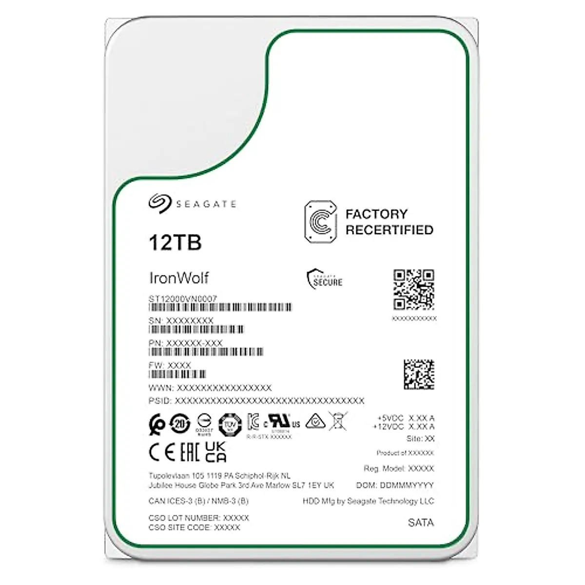 Seagate (Recertified) 12TB IronWolf NAS SATA Hard Drive 6Gb/s 256MB Cache 3.5-Inch Internal Hard Drive for NAS Servers, Personal Cloud Storage (ST12000VN0007)