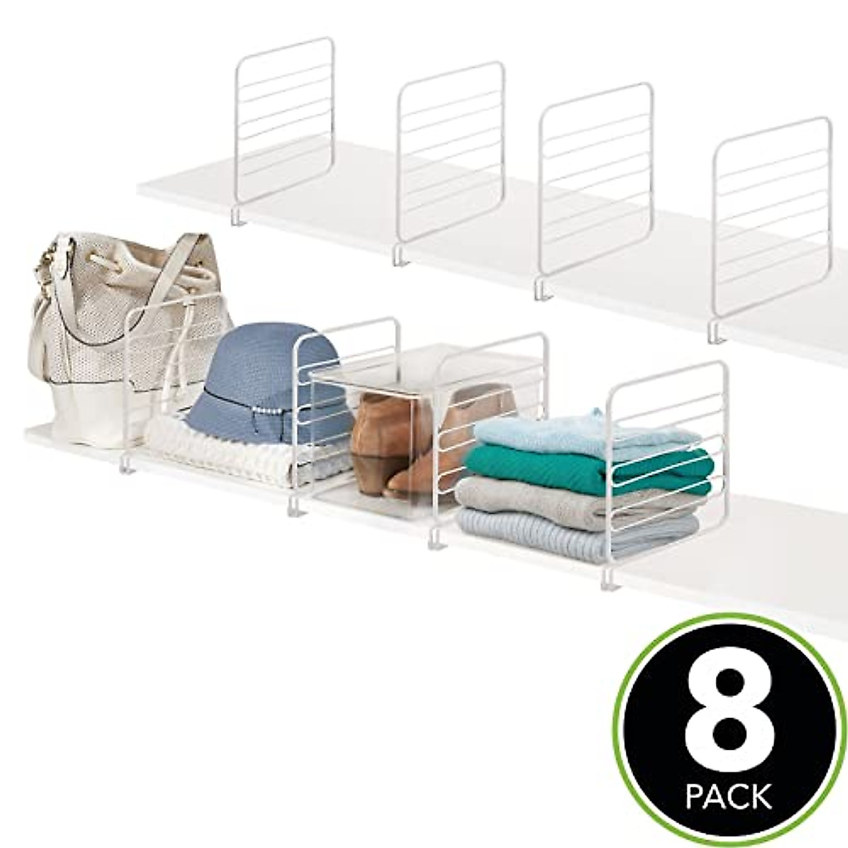 mDesign Versatile Metal Wire Closet Shelf Divider and Separator for Storage and Organization in Bedroom, Bathroom, Kitchen and Office Shelves - Easy Install, 8 Pack - White