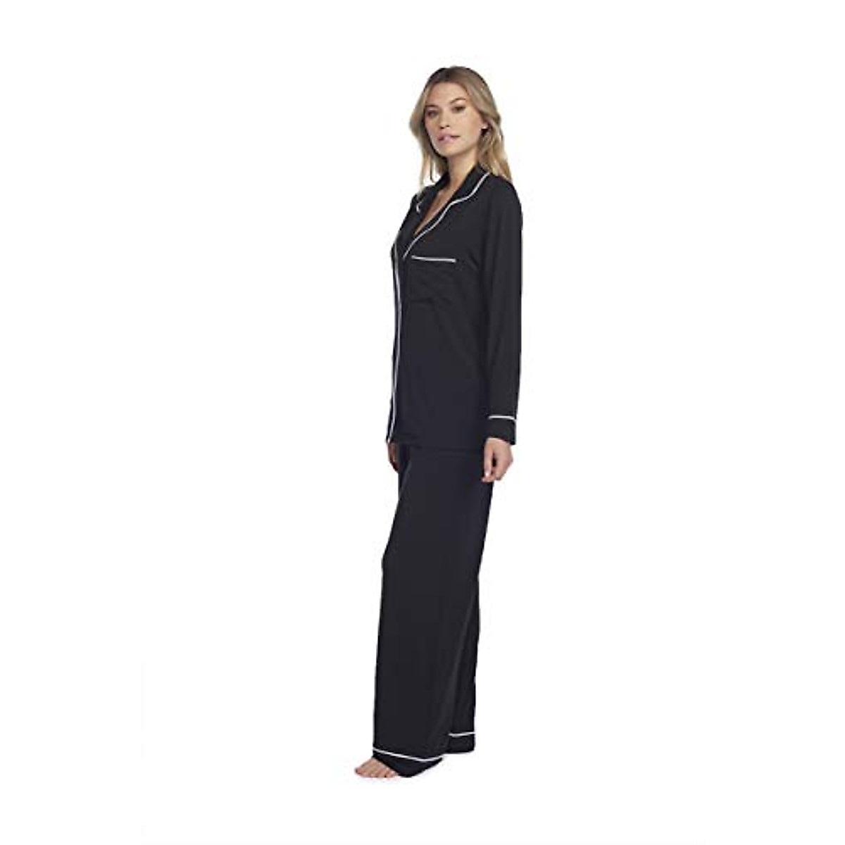 Barefoot Dreams Womens Luxe Milk Jersey Piped Pajama Set, Black, Large US