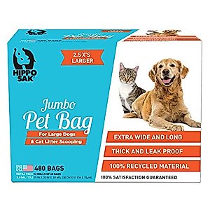 Hippo Sak Extra Large Pet Poop Bags for Large Dogs and Cat Litter, 480 Count