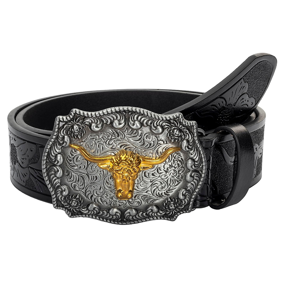 Vikodah Men Women-Western-Cowboy-Leather-Belts - Longhorn Bull Pattern Buckle Belt Floral Engraved Buckle Belt for Jeans