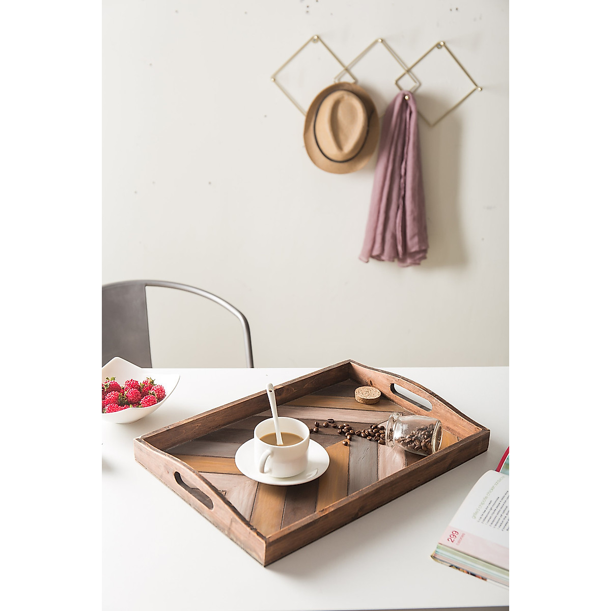 MyGift Rustic Chevron Stripe Pattern Rectangular Wood Breakfast Serving Tray/Decorative Coffee Table Tray with Cutout Handle - 16 x 12-Inch