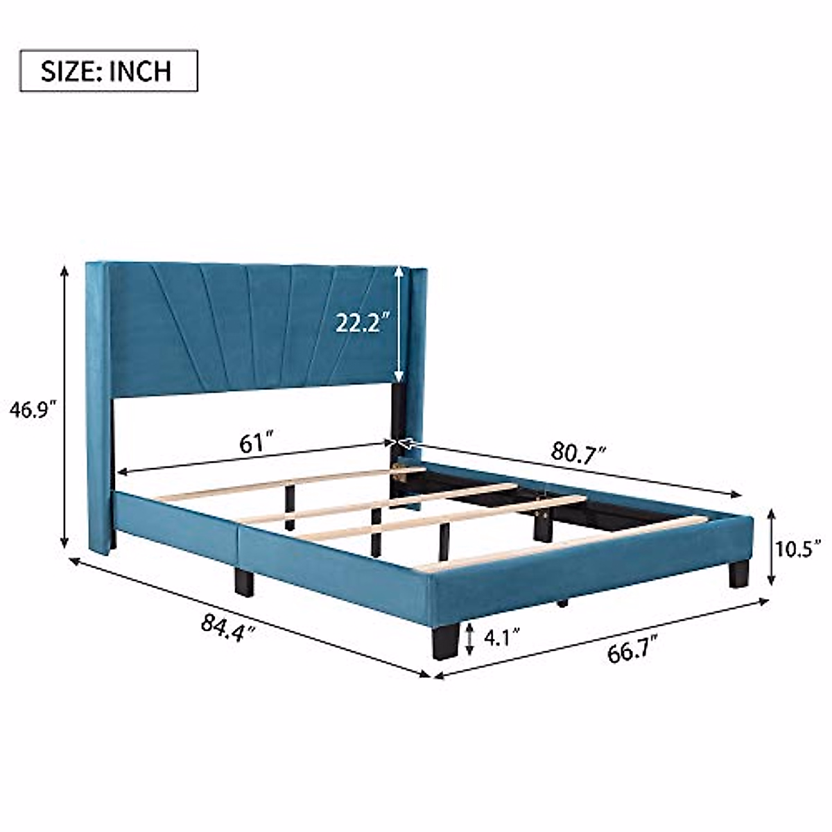 Prohon Bed Frame Queen Size with Velvet Wingback Headboard, Upholstered Platform Bed Box Spring Needed, Silent Design Comfort Bedframe w/Strong Wood Slats Support, Easy to Install, Blue