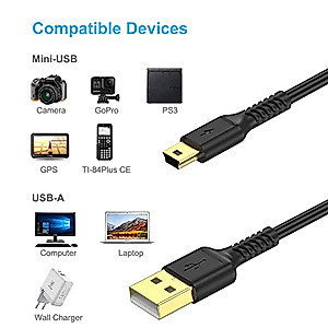 3ft Mini USB Cable, Standard USB 2.0 to Mini B Male Charger Cord Durable USB Mini to USB Charging Cable Compatible with PS3 Controller, MP3 Player, Camera, Dash Cam, Garmin GPS, Hero 3+(Black)