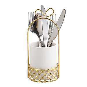 JUXYES Ceramic Silverware Holder For Tabletop, White Cutlery Holder With Golden Metal Bracket, Decorative Flatware Holder Countertop Utensil Holder Organizer for Wedding Kitchen Dining Tables