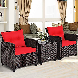 KOTEK 3 Piece Patio Furniture Set, Outdoor Conversation Set with Washable Cushions & Tempered Glass Tabletop, PE Rattan Wicker Bistro Set for Porch, Garden, Balcony (Red)