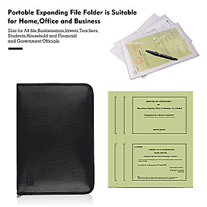 Expanding File Folder Important Document Organizer Fireproof & Waterproof Document Bag with A4 Size 3 Pockets Zipper Closure Non-Itchy Silicone Coated Portable Filing Wallet Pouch(14.3inx9.8inx1.6in)