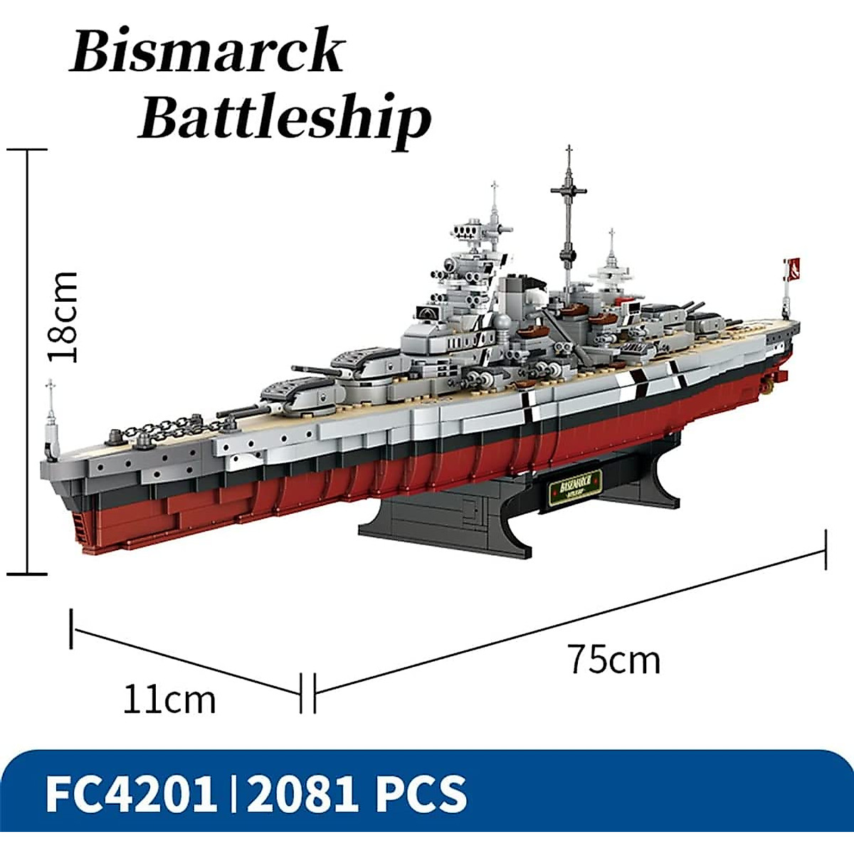 FULHOLPE Bismarck Class Battleship Building Blocks Set, MOC Military Warship Model Bricks Construction Toy Compatible with Major Brands - 2081 Pieces