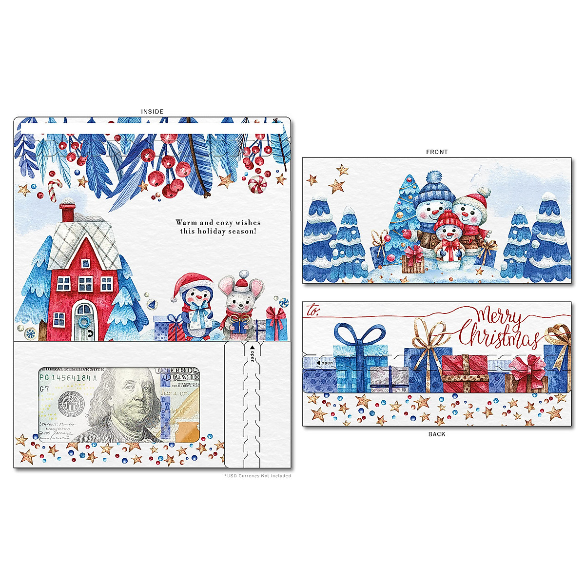 ZipGifts Holiday Card | Zip-Open Money Holder w/Clear Plastic Window for Cash, Check, & Gift Card (Warm & Cozy | 5-Pack)