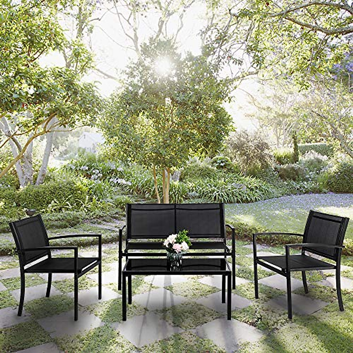 VINGLI 4 Pieces Patio Conversation Set Patio Furniture Set with Loveseat and Coffee Table, Outdoor Sofa Garden Lawn,Patio Chairs for Poolside Porch (Black)