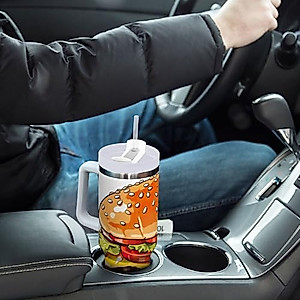 Jihqo Cartoon Burger 40 oz Stainless Steel Vacuum Insulated Tumbler with Handle and Straw Lid, Leakproof Water Bottle Double Wall Travel Mug Coffee Cup, Cupholder Friendly