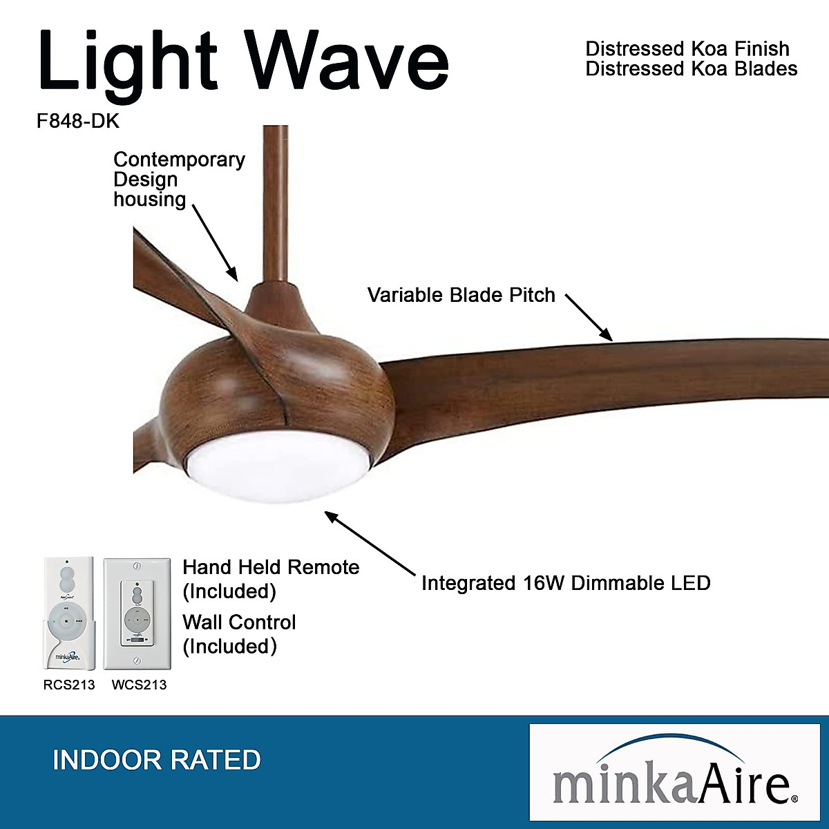 MINKA-AIRE F848-DK Light Wave 65" Ceiling Fan, Distressed Koa Finish with Remote and Additional Wall Control