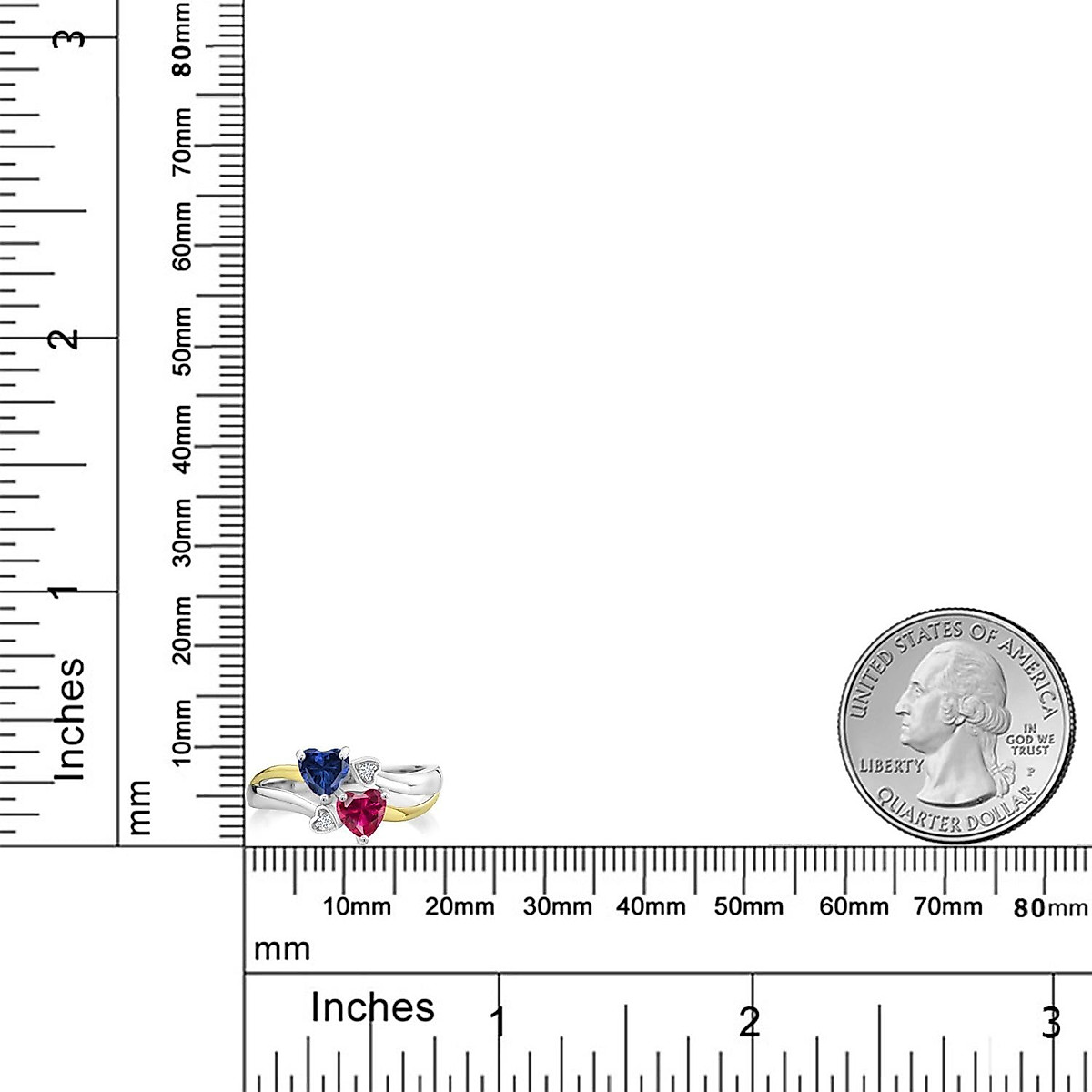 Gem Stone King 925 Silver and 10K Yellow Gold Blue Created Sapphire and Red Created Ruby and White Lab Grown Diamond Ring For Women (1.12 Cttw, September Birthstone, Heart Shape 5MM, Size 8)