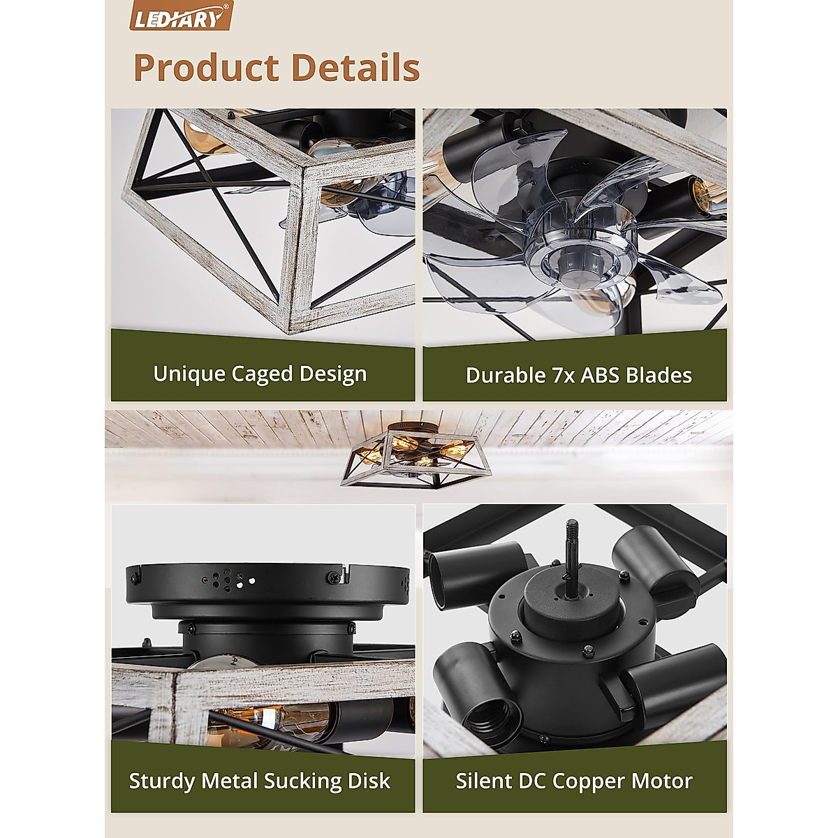 LEDIARY Ceiling Fans With Lights Remote Control, 22 Inch Farmhouse Caged Flush Mount Ceiling Fan Low Profile, Small Industrial Rustic Quiet Ceiling Fan With Remote For Bedroom, Kitchen, Indoor Home