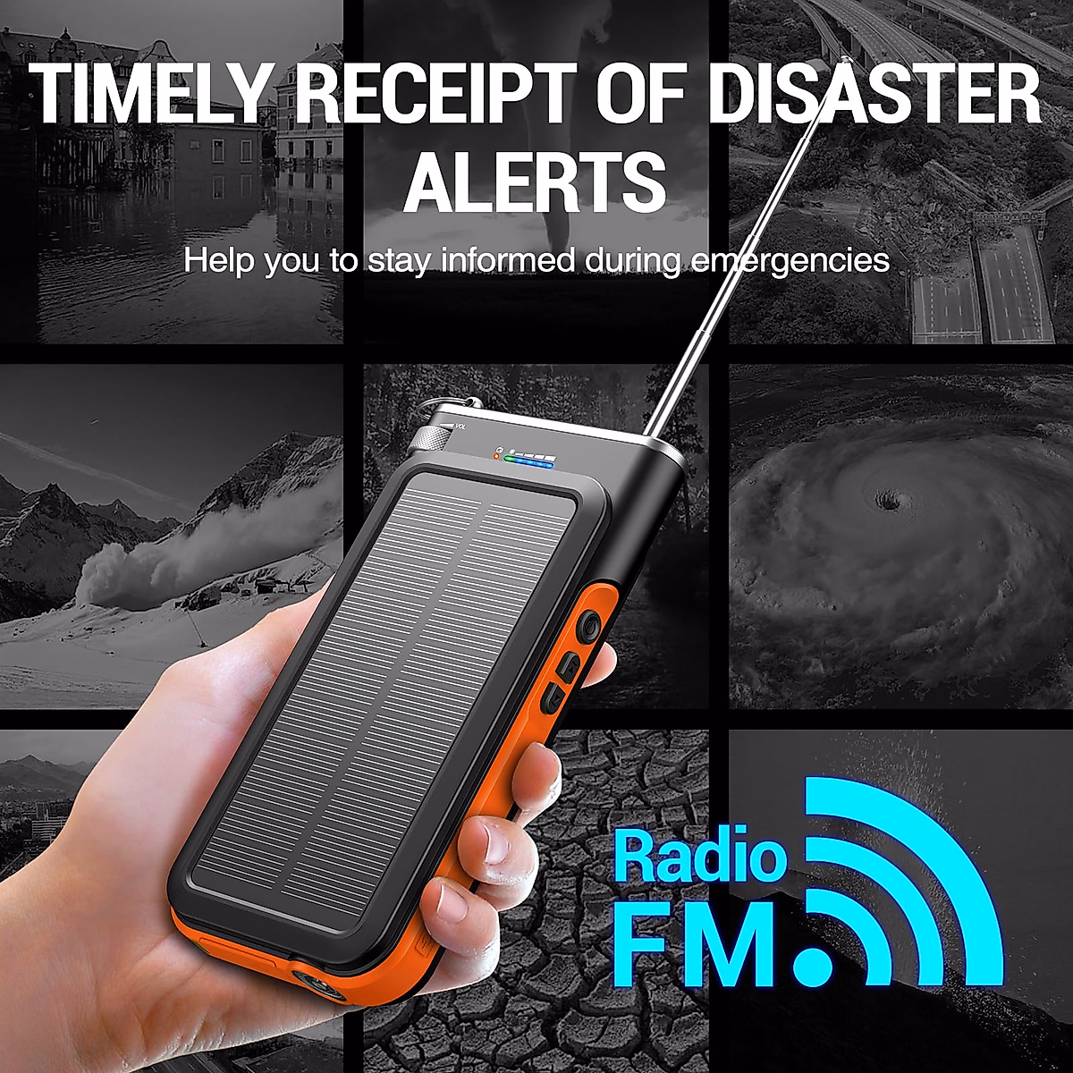 Solar Power Bank 36800mAh, Emergency FM Radio & Bluetooth Speaker, Built-in 2 Cables and Kickstand 15W Fast Charging LED Flashlight, USB C Input/Output Compatible with All Mobile Devices (Black)