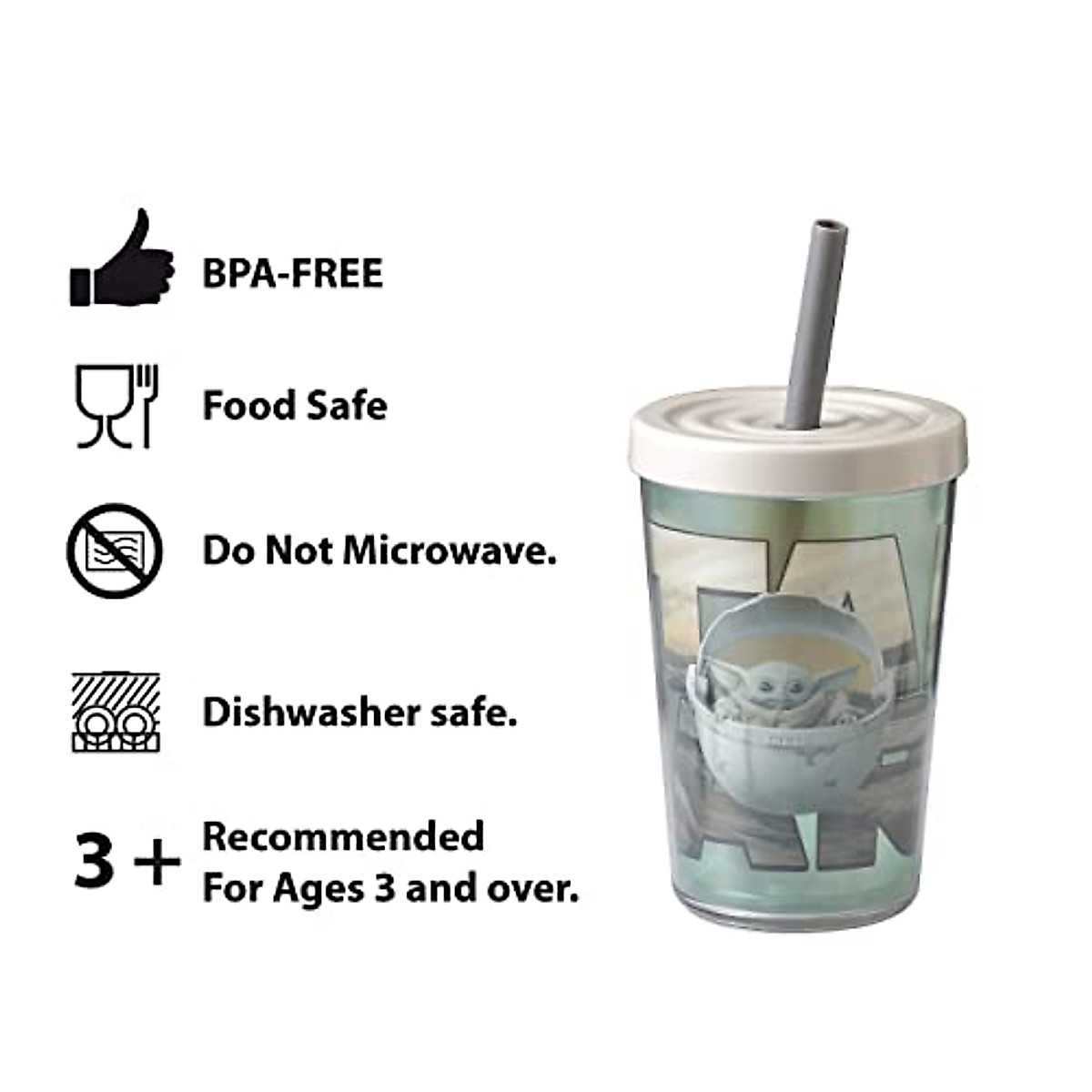 Zak Designs Star Wars The Mandalorian Double Wall Tumbler with Lid and Straw Made of Break-Resistant Plastic (Baby Yoda/The Child, 13oz, BPA Free) (SWSD-V540)