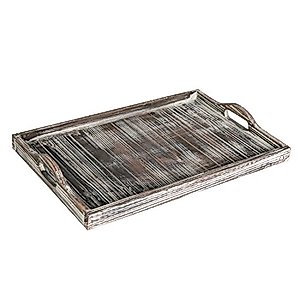 MyGift Rustic Torched Solid Wood Large Serving Tray with Cutout Handles with Slatted Design, Breakfast Ottoman Coffee Table Tray, 16 x 11 Inches