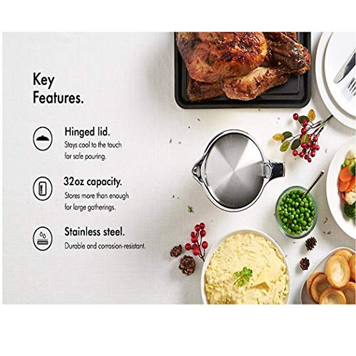 Double Insulated Gravy Boat - Stainless Steel Sauce Jug with Hinged Lid Hinged Lid Ideal for Gravy or Cream at Thanksgiving (450ML/16 OZ)