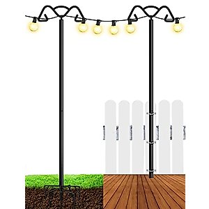 Karjoefar String Light Poles for Outside, 9FT Metal Poles for Outdoor String Lights, Patio Light Pole with 7-Prong and 2 Hooks for Backyard Garden Bistro Deck Party Holiday - 2Pack