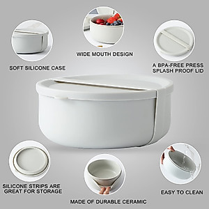 WALZION Ceramic Bowl Lunch Container with Lid,Protective Non-slip Exterior Snap-tight Silicone Strap, 22 oz，Food Storage, Bento Box, Meal Prep，Dishwasher Microwave Safe (light grey)