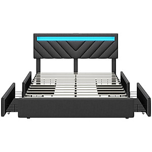 ADORNEVE Full Size LED Bed Frame with 4 Drawers, Platform Bed Frame with 2 USB Charging Station, Upholstered Bed with Storage, No Box Spring Needed, Easy Assembly, Dark Grey