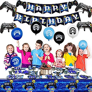 Video Game Party Supplies Set Birthday Decoration for Boys - Including HAPPY BIRTHDAY Gamer Banner, Controller Balloons, Fringe Curtains, Plates, Cups, Napkins, Tableware, Tablecloth, Balloons - Serves 20