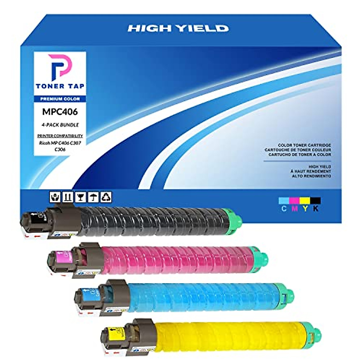 Toner Tap High Yield for Ricoh MP C406 C307 C306 (4-Pack Bundle) 842091 842092 842093 842094 Compatible Cartridge Replacements