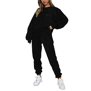 Gihuo Fall 2 Piece Sweatsuits Outfits for Women Corduroy Long Sleeve Pullover Sweatshirt and Pants Tracksuit Set(Black-S)
