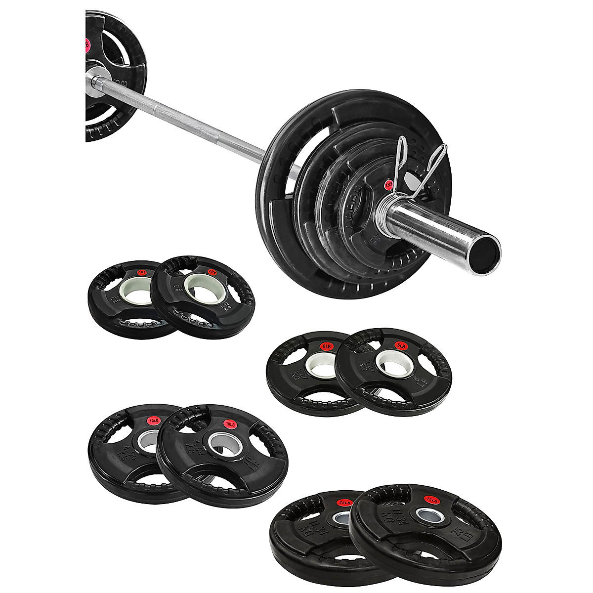 Signature Fitness Cast Iron Olympic 2-Inch Weight Plates Including 7FT Olympic Barbell, 130-Pound Set (85 Pounds Plates + 45 Pounds Barbell), Multiple Packages, Rubber Coated Style