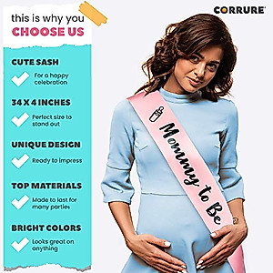 CORRURE Baby Shower Sash for Girl - 'Mommy to Be' Sash With Beautiful Pink Ribbon and Black Foil Text - Ideal Gender Reveal, Baby Shower, Welcome Baby, Mom to Be or Baby Sprinkle Gift