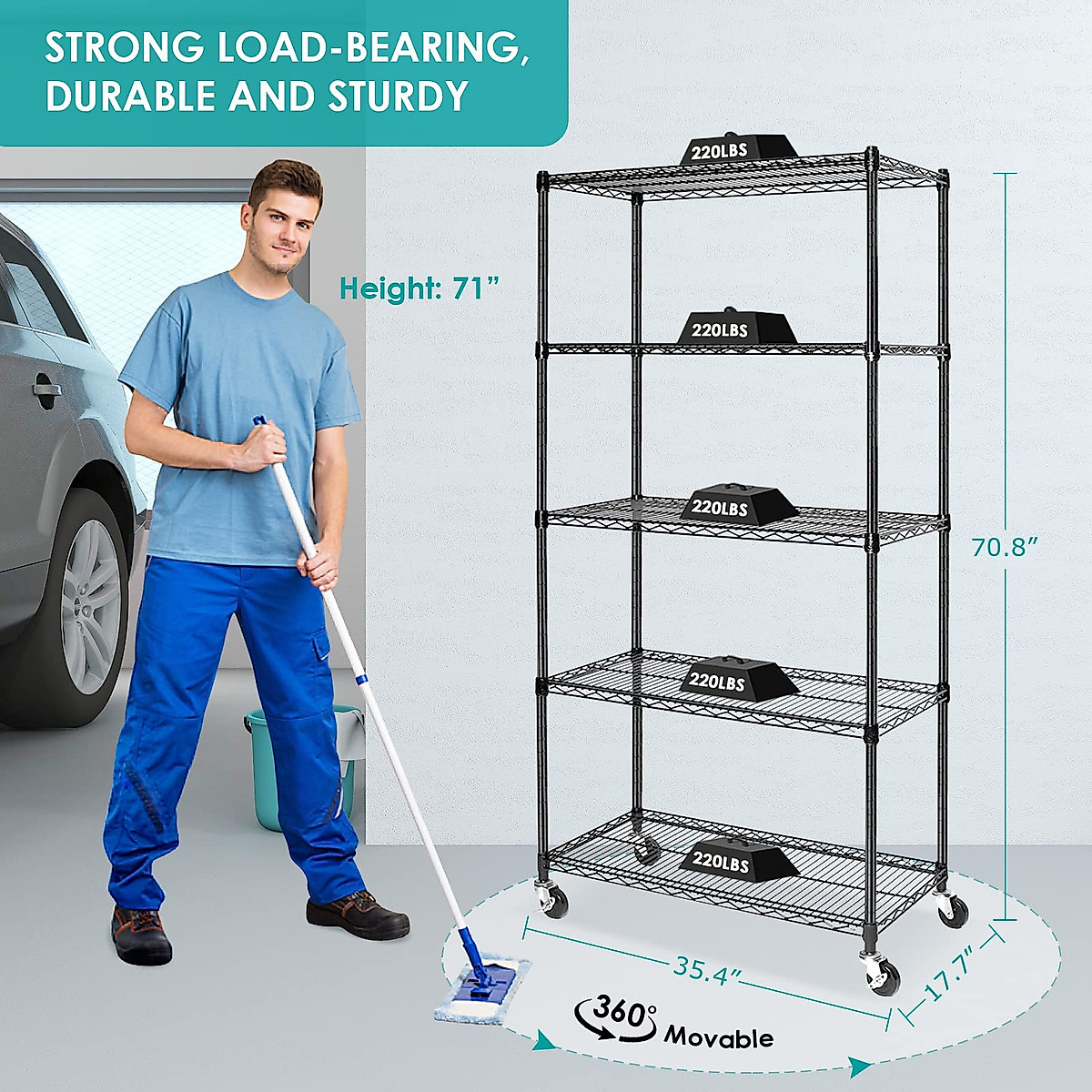 5 Tier Wire Shelving Rack with Wheels, 5 Tier Black Shelving Unit with NSF Certified, Adjustable Rolling Storage Metal Shelves, 18"D X 35.5"W X 71"H, 330Lbs Capacity, For Kitchen, Pantry, Garage