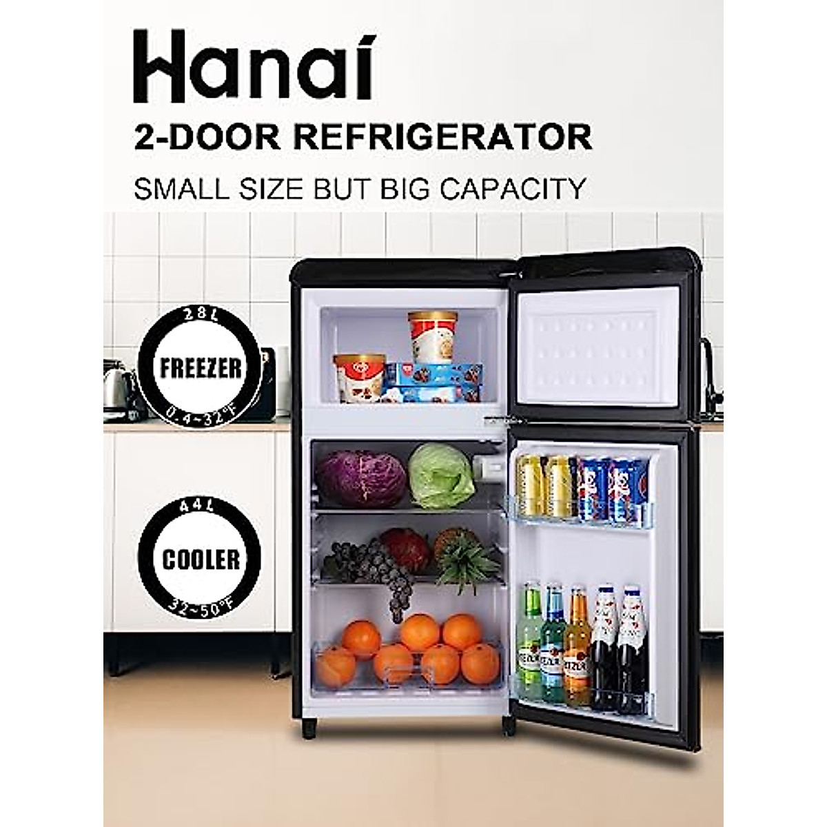 WANAI Compact Refrigerator 3.2 Cu.Ft Retro Mini Fridge With Freezer 2 Door Mini Refrigerator with 7 TEMP Modes, Removable Shelves, LED Lights, Ideal for Apartment Camper Dorm and Office, Black