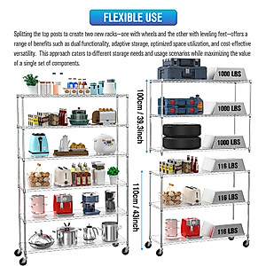6 Tier NSF Wire Shelf Shelving Unit, 18 x 48 x 82 In 6000lbs Capacity Heavy Duty Adjustable Storage Metal Rack with Wheels/Leveling Feet & Shelf Liners, Ideal for Garage, Kitchen, and More - Chrome