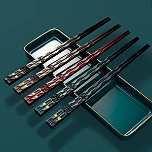 HELERKOL 5 Pairs Fiberglass Multicolor Dark Color Chopsticks Carved Gold Glitter Patch Chopsticks Reusable Non-Slip Lightweight Chinese Japanese Korean Chopsticks Dishwasher Safe, 9.6 Inch long