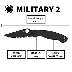 Spyderco Military 2 Folding Pocket Knife with 4 Inch Black CPM S30V Steel Blade and G-10 Handle - CombinationEdge - C36GPSBK2