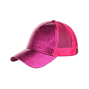 C.C Ponycap Messy High Bun Ponytail Adjustable Glitter Mesh Trucker Baseball Cap, Hot Pink