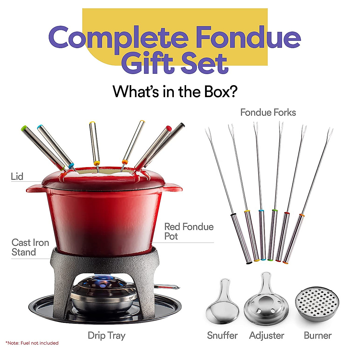 Klee 12-Piece Cast Iron Fondue Set with Red Fondue Pot, 6 Fondue Forks, Fondue Burner and Fondue Pot Base, 44 oz