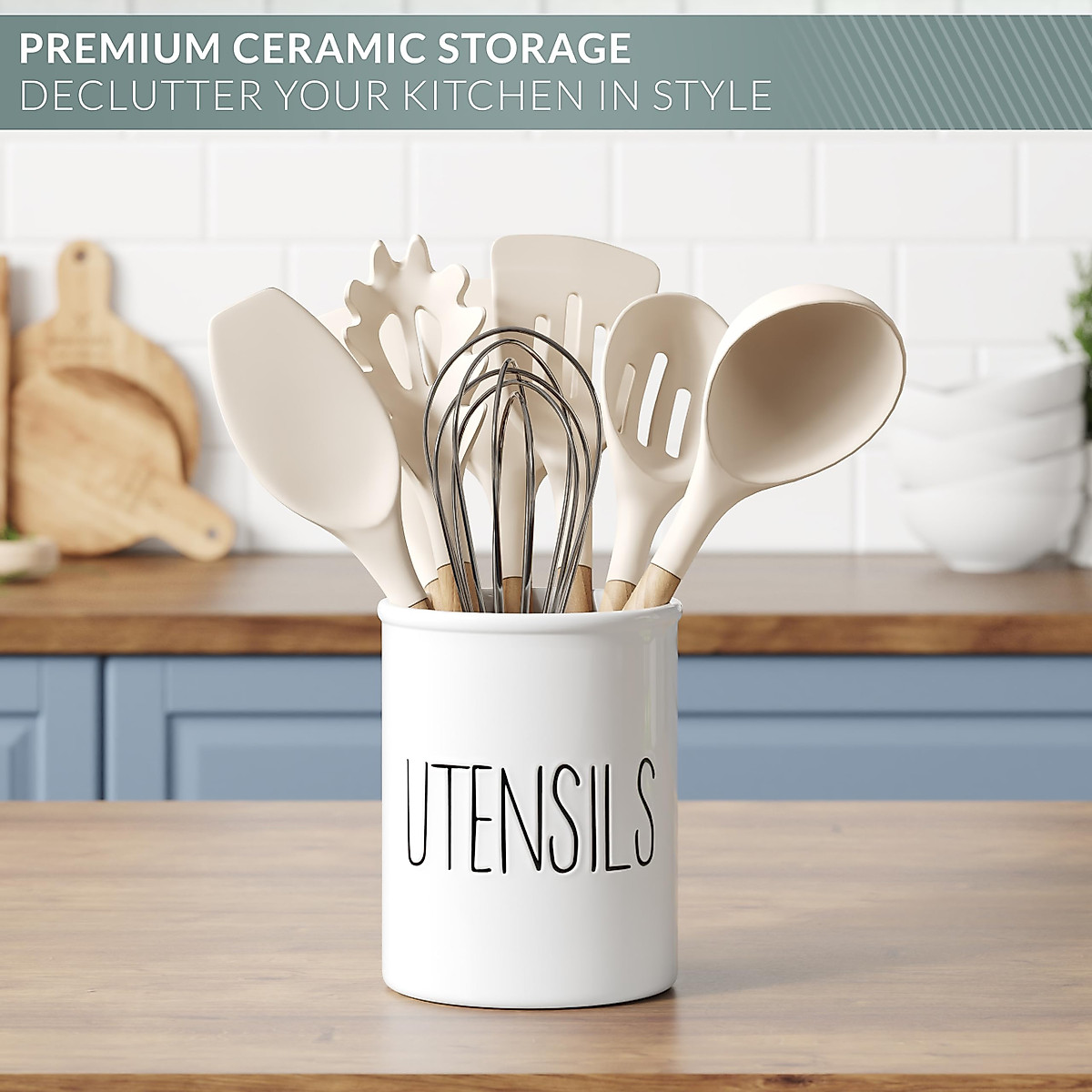 Barnyard Designs Ceramic Farmhouse Kitchen Utensil Holder for Countertop, Decorative Kitchen Utensil Holder, Large Kitchen Utensil Holder for Kitchen Counter, Utensil Crock Spatula Holder, 7" White