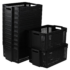 Begale 12 Pack Large Plastic Storage Baskets Organizer, Black Stacking Storage Basket Bin for Pantry, Shelves