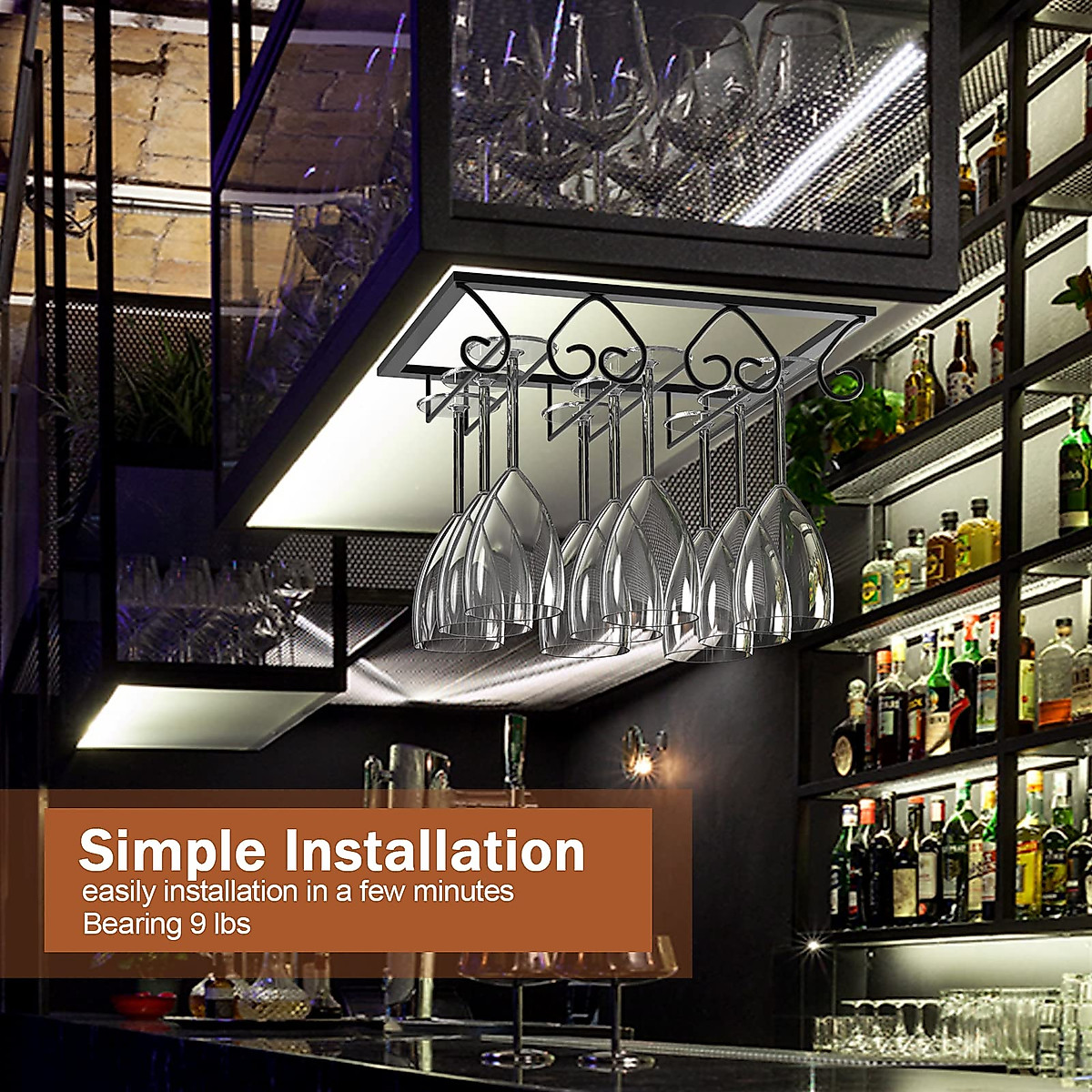 Wine Glass Rack Under Cabinet, 2 Pack Wine Glass Rack, Wine Glass Holder Under Shelf, 3 Rows Hanging Wine Glasses Holder Under Cabinet, Stemware Glass Rack Inside Cabinet for Kitchen Bar