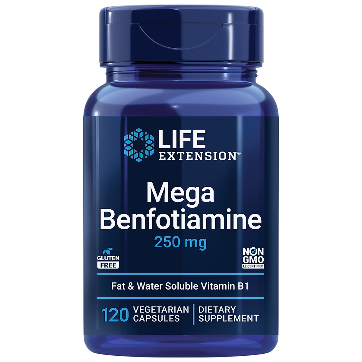 Life Extension Mega Benfotiamine, 250 mg, a fat-soluble form of thiamine, healthy metabolism, ultra-bioavailable vitamin B1, high potency, gluten-free, non-GMO, vegetarian, 120 capsules