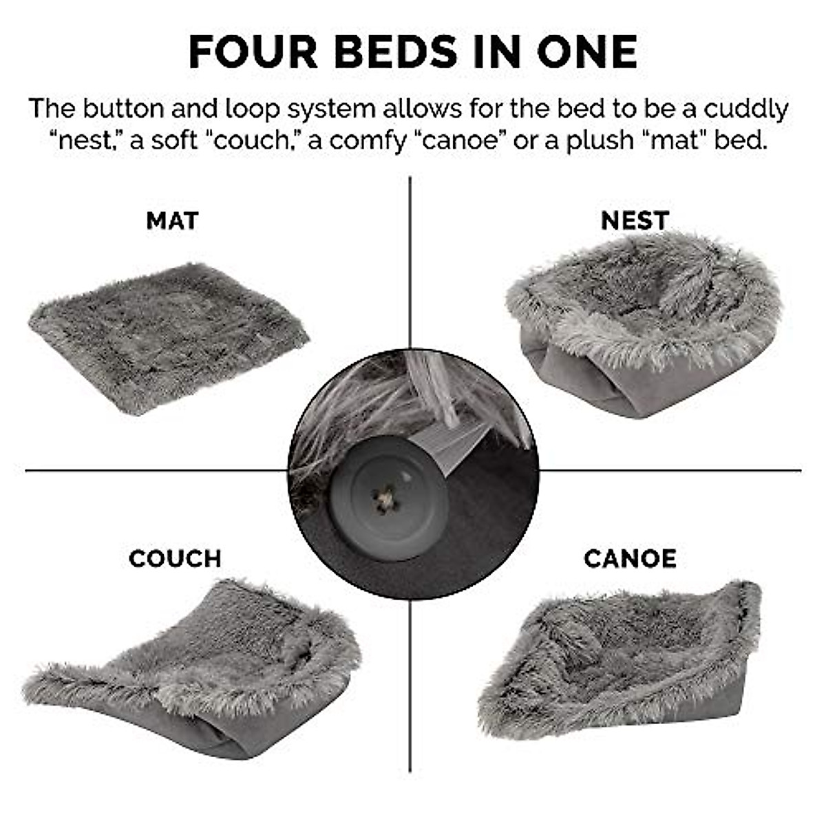 Furhaven Self-Warming Cat Bed for Indoor Cats, 4-Beds-in-1 & Washable - Plush Long Faux Fur Convertible Cuddler - Gray, Large, 35.5"L x 30.0"W x 0.5"Th