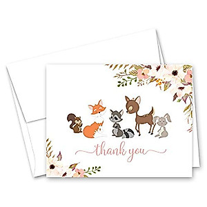 InvitationHouse Forest Woodland Animals Baby Shower Thank You Cards - Set of 50 (Pink, Brown)